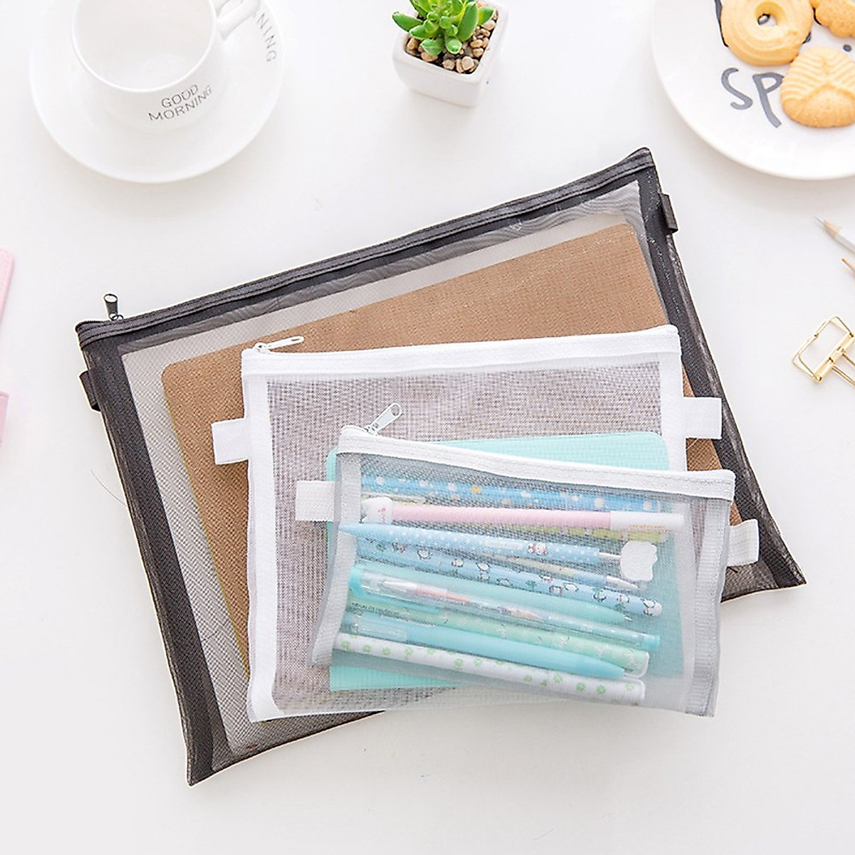 HYFAN Zipper Files Bag Breathable Transparent Mesh Documents Pocket Pouch Storage for Office Supplies (Black, A6 Size, Pack of 6)