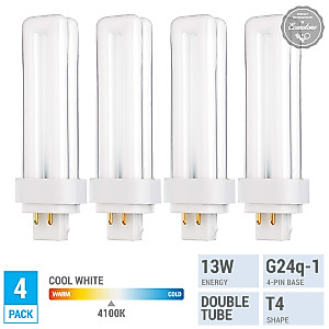 KOR (Pack of 4) 13 Watt Double Tube - G24Q-1 (4 PIN) Base - 4100K Cool White - CFL Light Bulb. Replaces Sylvania 20667 CF13DD/E/841 - Philips 38328-1 PL-C 13W/841/4P/ALTO and GE 97597 F13DBX/841/ECO4P