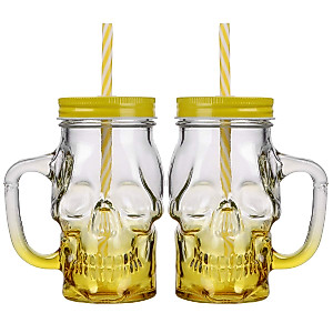 Skull Mason Mug 2pcs Skull Mason Jar Mug Tumbler Cup With Cover And Set Halloween Glasses Drinking Skull Cup For Party- 500ML Halloween Mason Mug