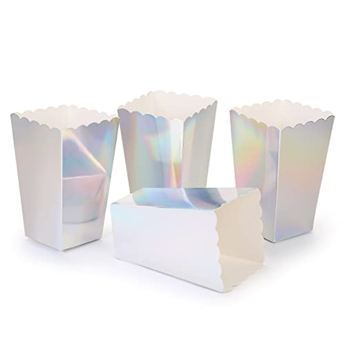 ZebrAnt Iridescent Disposable Popcorn Boxes 6.3 Inches Tall Holographic Rainbow Silver Party Supplies Open-Top Cardboard Paper Popcorn Container for Party Wedding Anniversary Christmas Pack of 12