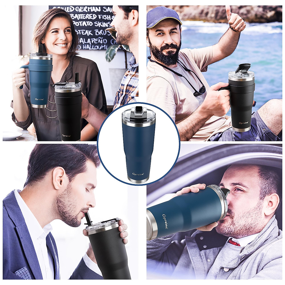 Opreine 32oz Tumbler with Handle, Insulated Tumbler with Straw and Lid, Stainless Steel Double Vacuum Travel Coffee Mug Cup, Fit for Car Holder, Spill Proof, Dishwasher Safe, Sweat Proof, Navy