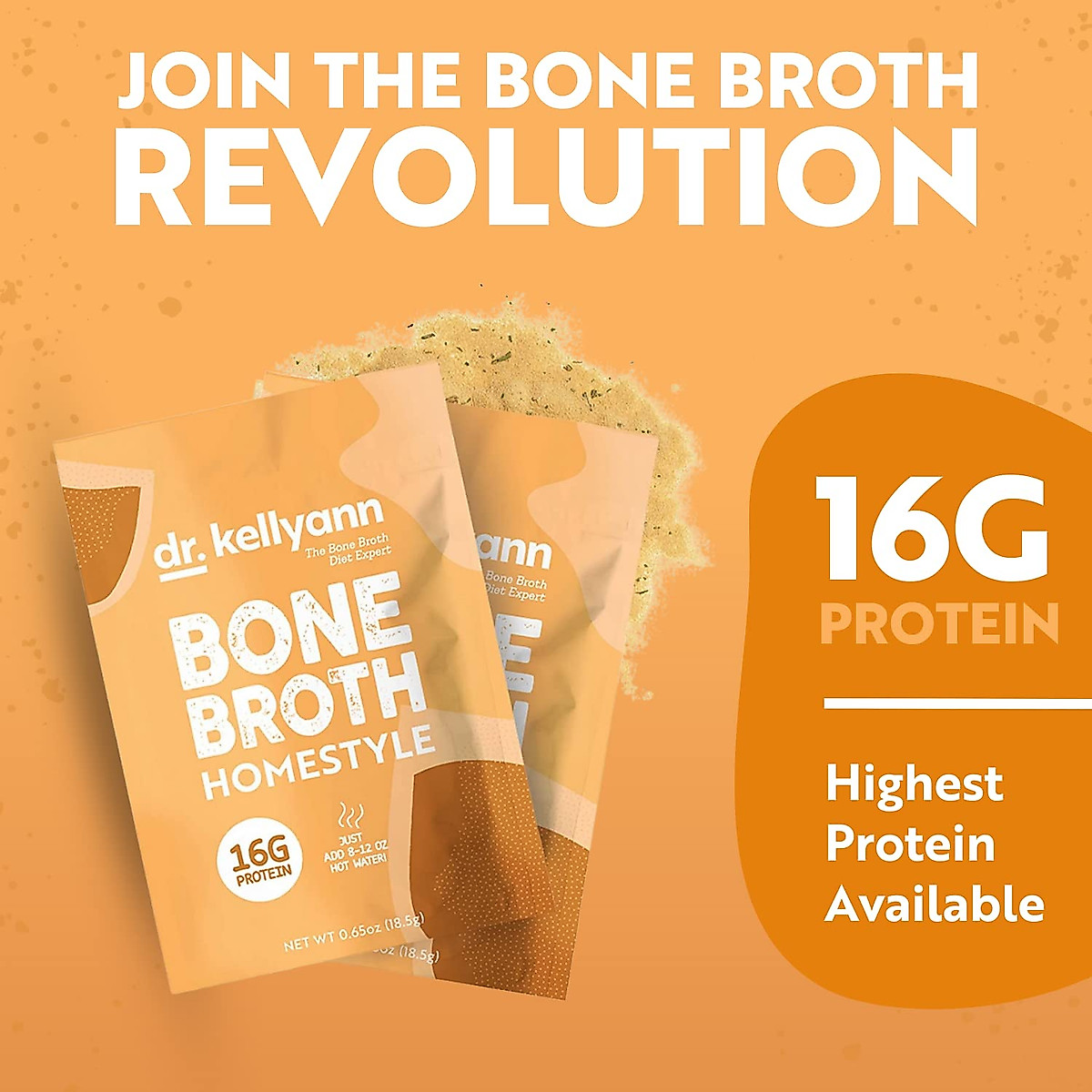 Dr. Kellyann Bone Broth Collagen Powder Packets (7 Servings, 1 Box), 16g Protein/Serving, 100% Grass-Fed Hydrolyzed Collagen Powder, Keto & Paleo Friendly