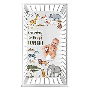 Sweet Jojo Designs Jungle Animals Boy Girl Fitted Crib Sheet Baby Toddler Nursery Photo Op Hunter Green Yellow Grey Orange Black White Gray Wildlife Safari Animal Elephant Giraffe Lion Monkey Leopard