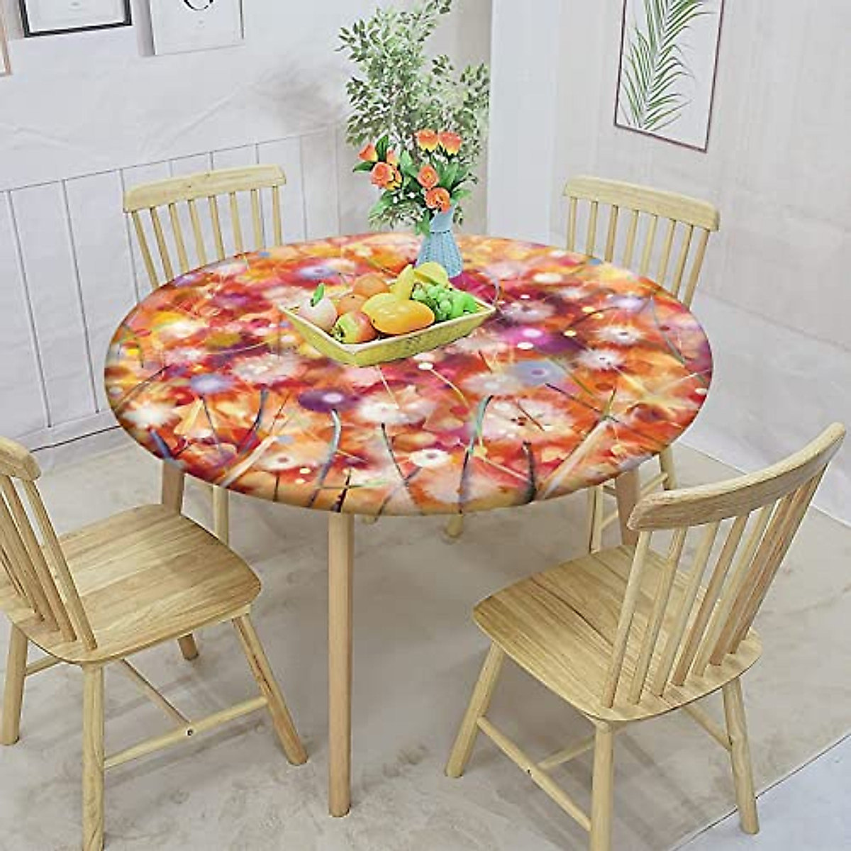 Flower Round Fitted Tablecloth with Elastic Edge,Pastel Colored Spring Bloom Print Polyester Table Cover, xxLarge, Fit Round Tables up 65"-71" Diameter, for Wedding Party Dining Banquet, Multi