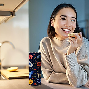 Medpol retro flower tumbler with lid and straw 20 oz insulated tumbler cups retro flower insulated travel coffee mugs for women cute sippy cups stainless insulated travel cups