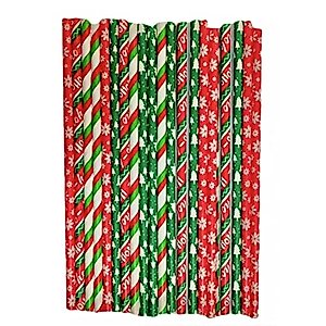 Sene Christmas Paper Straws 100-Pack, 7.75 Inches, Stripe Paper Straws, Red, Green, Bulk, Snow, Christmas Paper Straws, Thanksgiving Christmas Holiday Gift