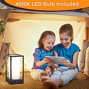 GGOYING Bedside Table Lamp,Touch Control Table Lamp with 3-Way Dimming,USB C Charging Ports,LED Bulb,Black Metal Body and White Fabric Lampshade Bedroom Lamp