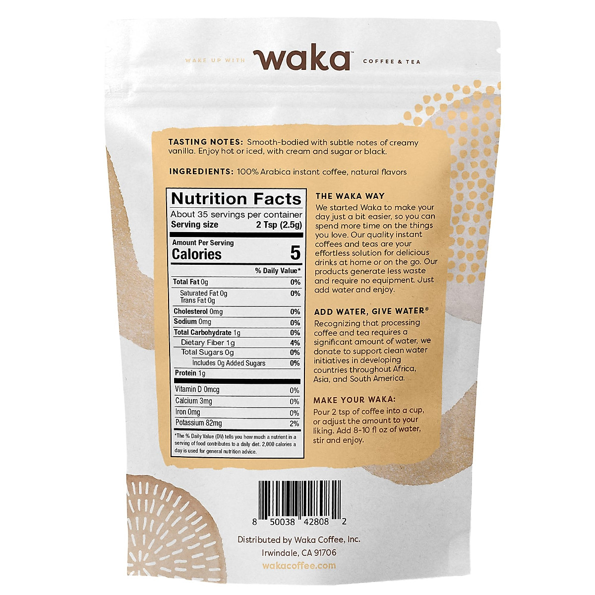 Waka Instant Coffee, Vanilla Flavored - 100% Arabica Beans, Freeze Dried Granules, No Additives - Bulk Bag for Quick Hot and Iced Coffees, Up to 35 Cups (3.5oz)