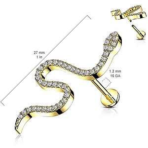 Covet Jewelry Snake Paved CZ Top on Internally Threaded 316L Surgical Steel Flat Back Studs for Labret, Monroe, Cartilage and More (16GA, L: 5/16" (8mm), Aurora Borealis)