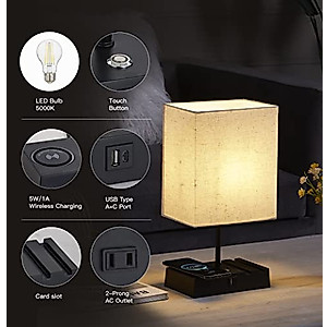 YUNHONG Bedside Lamp Set of 2,Wireless Charger Table Lamp with USB A+C Ports and AC Outlet,3 Way Dimmable Touch Nightstand Lamps for Bedroom and Living Room (LED Bulbs Included)