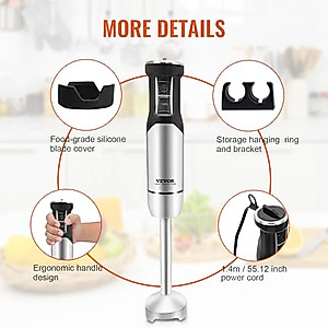 VEVOR Commercial Immersion Blender, 12-Speed Heavy Duty Immersion Blender, Stainless Steel Blade Copper Motor Hand Mixer, Portable Mixer with Measuring Cup, Whisk, Milk Frother, Silver