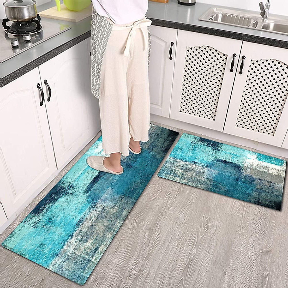 BrilliStar Kitchen Mat 2 PCS Teal Kitchen Rugs and Mats Turquoise and Grey Abstract Art Cushioned Anti-Fatigue Kitchen Rugs 17"X48"+17"X24" Kitchen Decor Non-Slip Kitchen Rug Set for Kitchen Floor