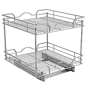 OCG Pull Out Drawer Cabinet Organizer（20" W x 18" D x 16.4" H, 2 Tier Heavy Duty Slide Out Kitchen Cabinet Storage Shelves, Sliding Drawer for Cabinet, Wire Frame, Chrome Finish