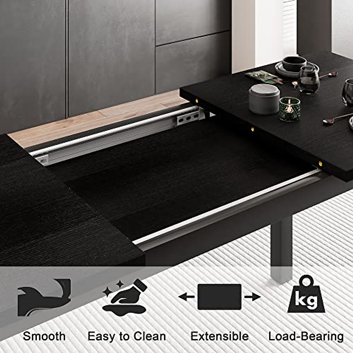 Feonase 3-Piece 63" Dining Table Set with 2 Benches, XL Large Extendable Kitchen Table Set for 6-8 People, Dining Room Table with Metal Frame and Solid MDF Wood Board, Easy Assembly, Black