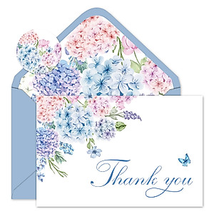 Whaline 24Pcs Blue Hydrangeas Thank You Cards with Envelopes and Stickers Blue Pink Floral Greeting Cards Flower Blank Note Cards for Party Supplies