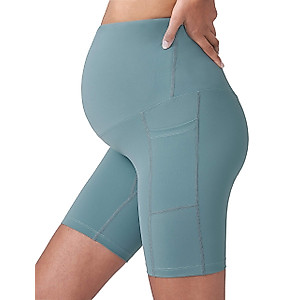 POSHDIVAH Women's Maternity Yoga Shorts Over The Belly Bump Workout Active Short Pants Light Green 8" Large