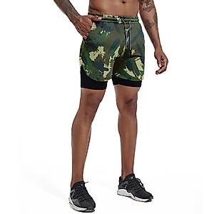 GYMELITE Men's 2 in 1 Workout Running Shorts 7" Gym Yoga Active Sports Shorts Lightweight Training with Phone Pockets(BKCGN M)