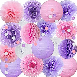 ANSOMO Pink and Purple Party Decorations Paper Fans Lanterns Pom Poms Hanging Wall Décor Bridal Baby Shower Birthday Wedding
