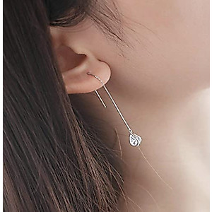 Reffeer Solid 925 Sterling Silver CZ Droplet Chain Dangle Earrings for Women Teen Girls Tassel Dangle Earrings Threader (A-Silver)
