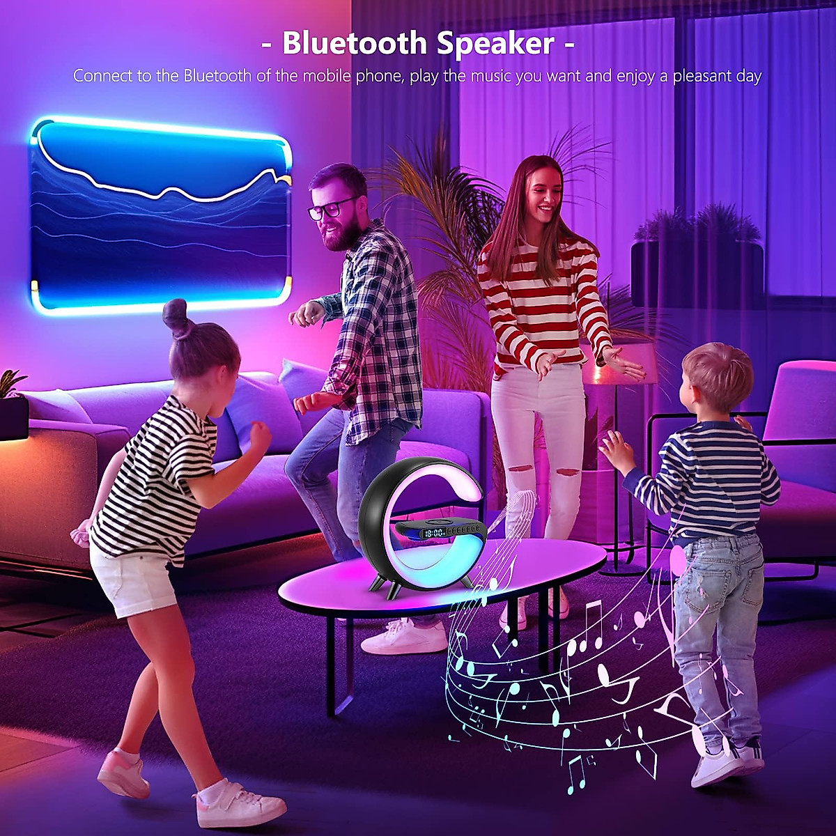 Wireless Charger Atmosphere Lamp, 2025 New Intelligent LED Table Lamp, Bluetooth Speaker, Dimmable Night Light Bedside Lamp Alarm Clock with Music Sync, App Control for Bedroom Home Decor Gift (Black)