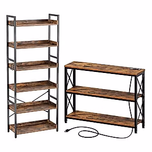 Rolanstar Bookshelf 6 Tier with 4 Hooks, Industrial Wood Bookcase, Vintage Storage Rack Bundle Narrow Console Table
