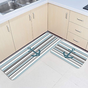 Infinidesign 2 Piece Kitchen Mats and Rugs Cushioned Anti-Fatigue Floor Mat Sea Non-Slip Chef Mat Kitchen Rug Floor Rugs Nautical Anchor with Blue Grey Stripes