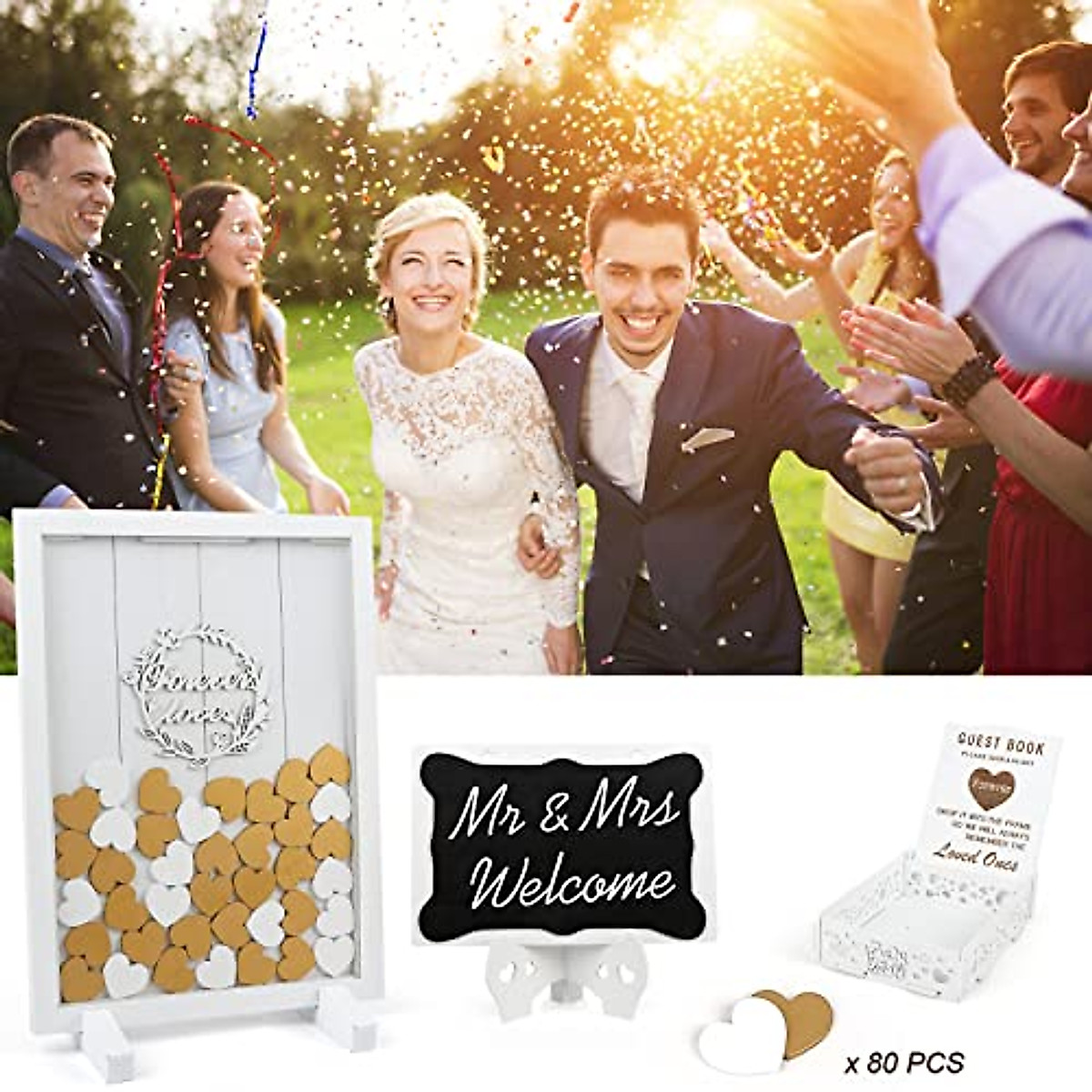 Yeghujar Wedding Guest Book Alternative, 80Pcs Gold & White Wooden Hearts for Guest Book, Pen Sign Drop Wooden Frame and Blackboard, Rustic Guest Book Alternative Wedding Signs Reception Decorations