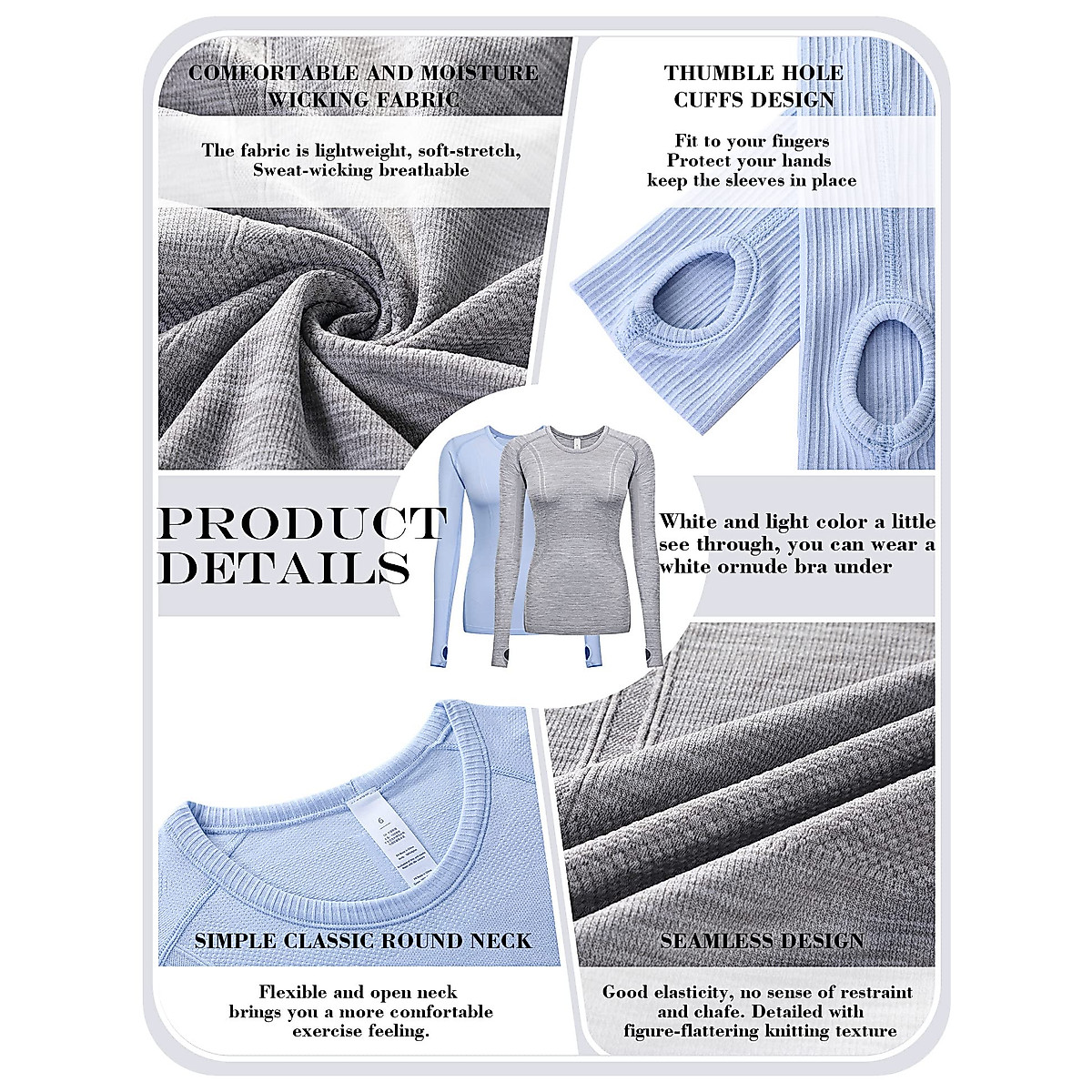 2 Pieces Women Long Sleeve Workout Shirt Seamless Workout Shirts with Thumb Holes Fitted Top Sports Yoga Athletic Shirt Top (Gray, Blue, X-Small)