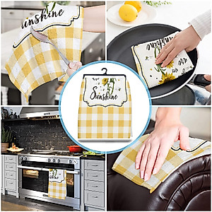 2 Pack Dish Towel for Kitchen,Absorbent Dishes Cloth Spring Sunflowers Farmhouse Bee Soft Hand Towels for Home Cleaning Quick Drying Bathroom Cloths Terry Yellow White Buffalo Check