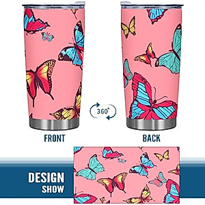 QWEUIOP 20oz Insulated Travel Coffee Mug Retro Butterfly Stainless Steel Tumbler with Lid Double Wall Vacuum Coffee Cup For Hot and Cold Drinks14055