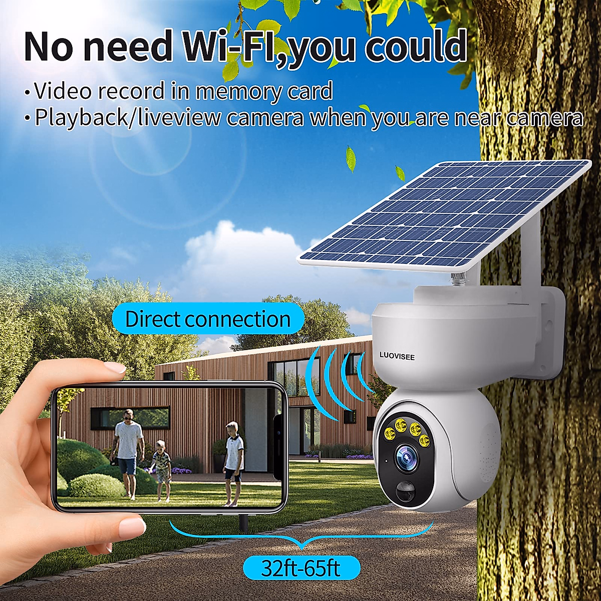 Luovisee Wireless Solar Outdoor Home Security WiFi Camera PTZ Full Color Night Vision with Audio,PIR Motion Detection Alarm,64G SD Card, Rechargeable Battery,IP65 Weather Proof,Siren,360 View