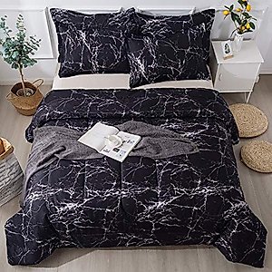 Litanika Black Marble Comforter Full(79X90Inch), 3 Pieces (1 Marble Comforter+2 Pillowcases) Soft Lightweight Microfiber Comforter Bedding Set for Men and Women