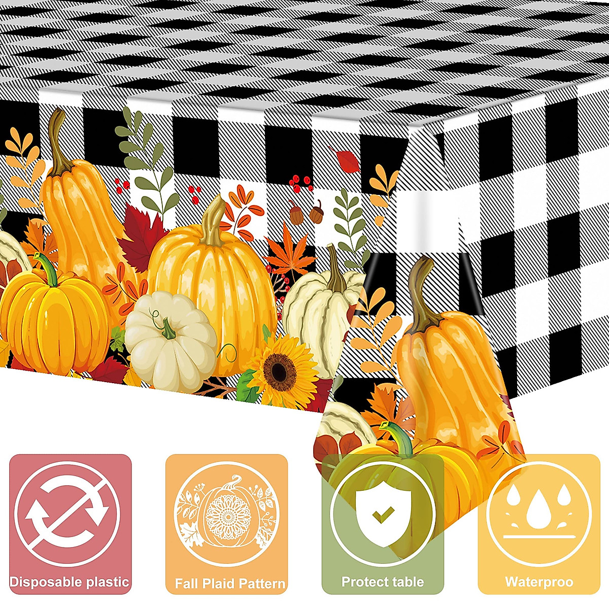 peony man 4 Pieces Fall Plaid Tablecloth Plastic Pumpkin Table Cover Black White Buffalo Checkered with Disposable for Dining Kitchen Thanksgiving Autumn Party, 54 x 108 Inch