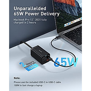 USB C Charger, Baseus 65W PD GaN3 Fast Wall Charger Block, 4-Ports [2USB-C + 2USB] Charging Station with 5ft AC Cable for MacBook Pro/Air, USB-C Laptop, iPhone 13/12, iPad Pro, Samsung Galaxy, etc