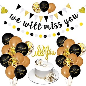 We Will Miss You Banner Coworker Going Away Farewell Decorations Gold Black Glitter Dot Circle Garland Triangle Flag Banner For Goodbye, Retirement, Job Change, later traitor party supplies