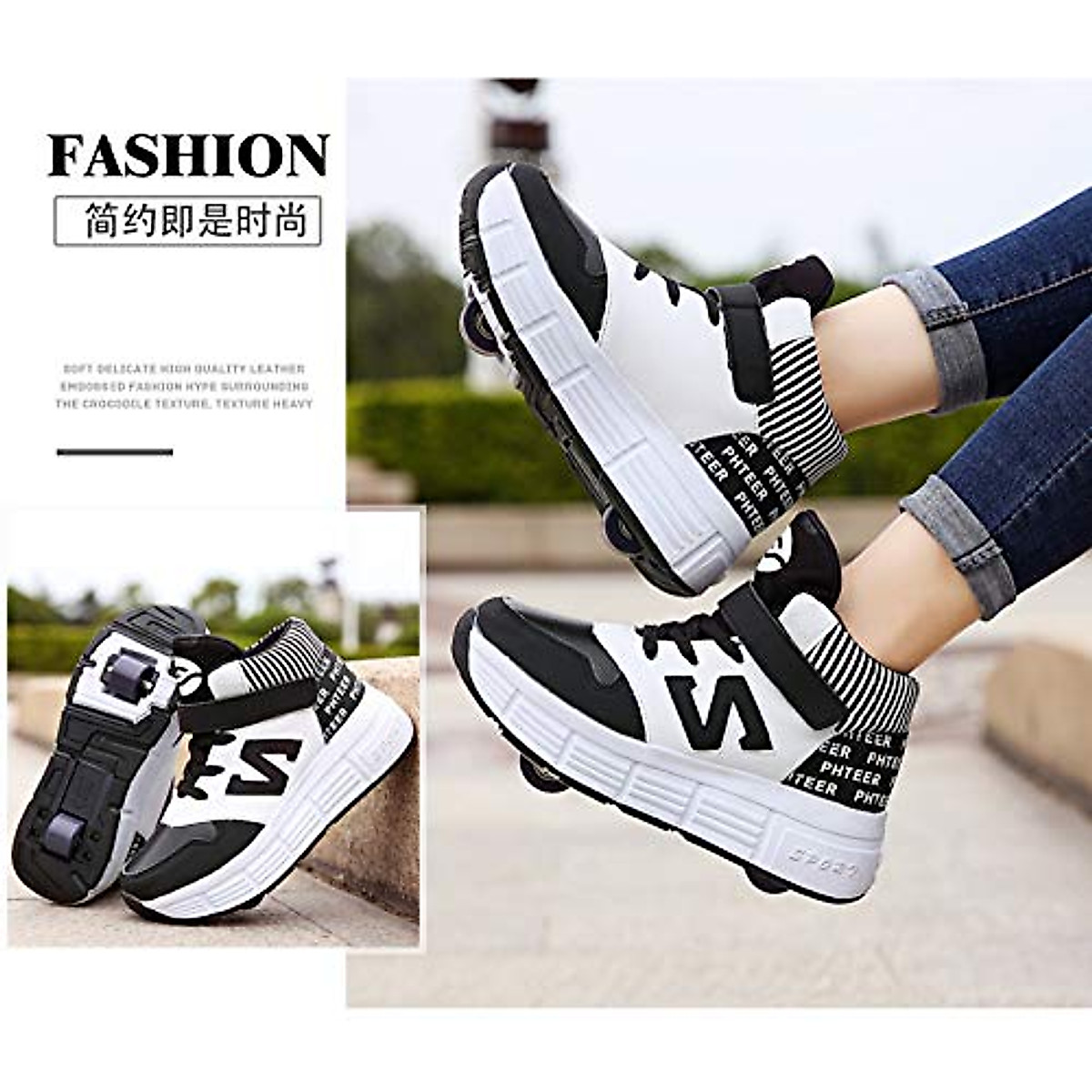 UGUHU Shoe with Wheels Retractable Skateboarding Outdoor Sports Cross Trainers Gymnastic Sneakers Roller Skate Shoes Wheels Shoes Outdoor Sneakers for Boys Girls,DoubleWheel-34