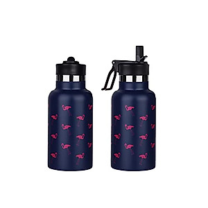 QISSZION Kids Insulated Bottle with Handle & Straw 12oz, Vacuum Stainless Steel Water Bottles Leakproof for School, BPA Free Flask Metal Thermos for Boys & Girls - Flamingo