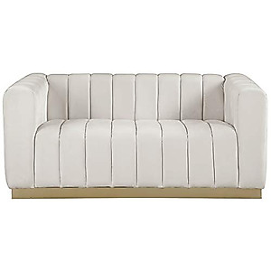 Meridian Furniture 603Cream-L Marlon Collection Modern | Contemporary Velvet Upholstered Loveseat with Deep Channlel Tufting and Brushed Gold Finish, Cream, 62.5" W x 34" D x 28" H