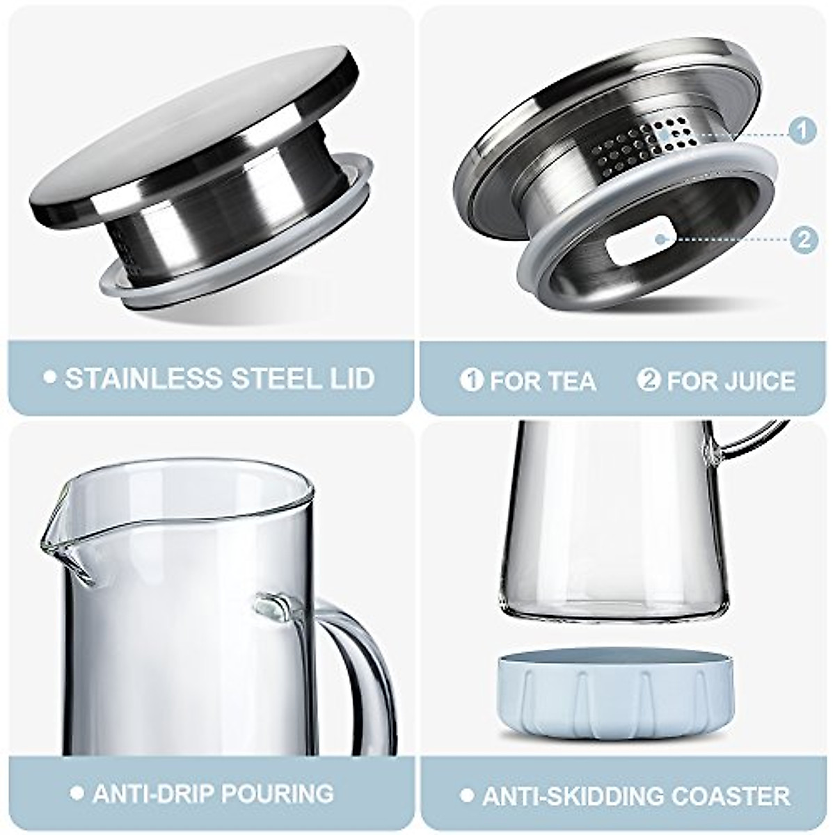 BOQO Glass Water Pitcher,50 Oz Carafe with Lid,Glass Water Jug with Particular Coaster and Brush,Glass Water Jar