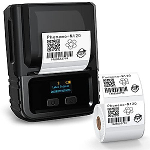 Phomemo M120 Label Maker- Barcode Printer Bluetooth Thermal Label Maker Machine 2 Inch 50mm Barcode Label Printer for Retail, QR Code, Small Business, Compatible with Android, iOS & PC, Black
