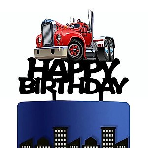 Heavy Truck Cake Topper Black Acrylic Transportation Theme Birthday Supplies, Heavy Truck Happy Birthday Cake Topper for Kid's Boy's Men' Birthday Party Decorations（Red）