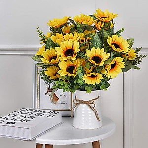 MARTINE MALL Artificial Sunflower Bouquet 2 Bunches Silk Sunflowers with Stems Leaves Fake Yellow Sunflowers Bundles for Wedding Bridal Party Garden Home Hotel Decor