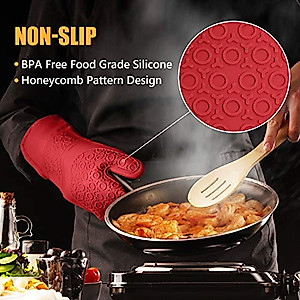 Rorecay Extra Long Oven Mitts and Pot Holders Sets: Heat Resistant Silicone Oven Mittens with Mini Oven Gloves and Hot Pads Potholders for Kitchen Baking Cooking, Quilted Liner, Red, Pack of 6