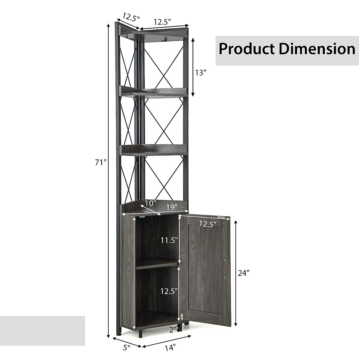 Tangkula Tall Corner Storage Cabinet, 71” Industrial 6 Tier Storage Shelf w/Door Cabinet, Corner Bookshelf Plant Stand, X-Shaped Metal Frame Standing Cabinet for Living Room, Small Spaces (Grey)