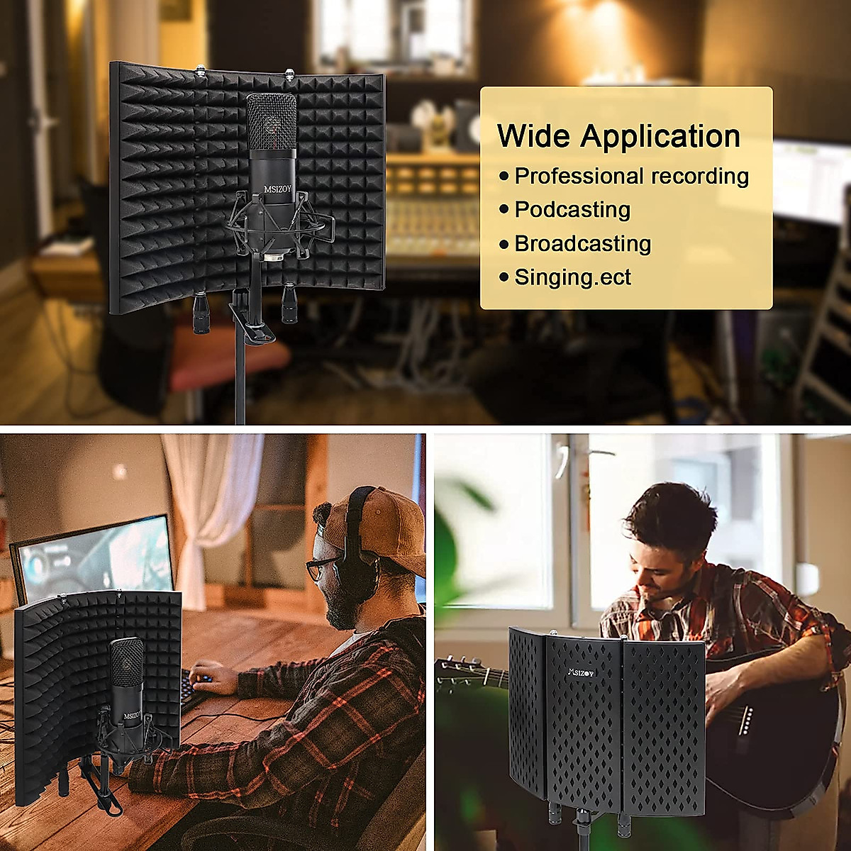 MSIZOY Curved Foldable Studio Recording Microphone Isolation Shield Condenser Mic High Density Sound Absorbent Foam with Metal Panel for Recording Podcasting Singing Broadcasting (3-Panel)