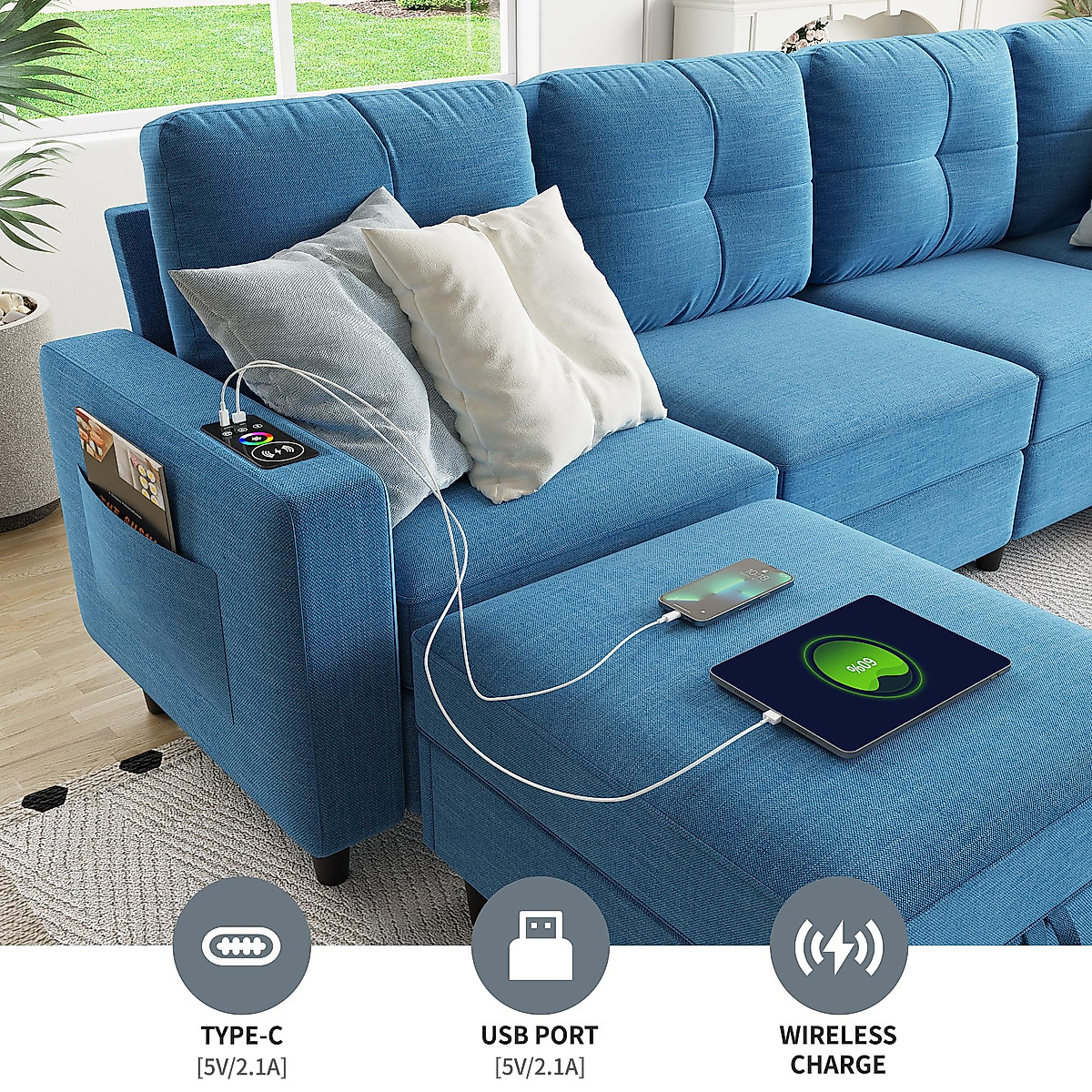 Lvifur LED Sectional Couches for Living Room, Modern Modular Sectional Sofa with Charging Station, Large U-Shaped 4 Seat Sofa Set with Chaise and Storage Ottomans (Blue)