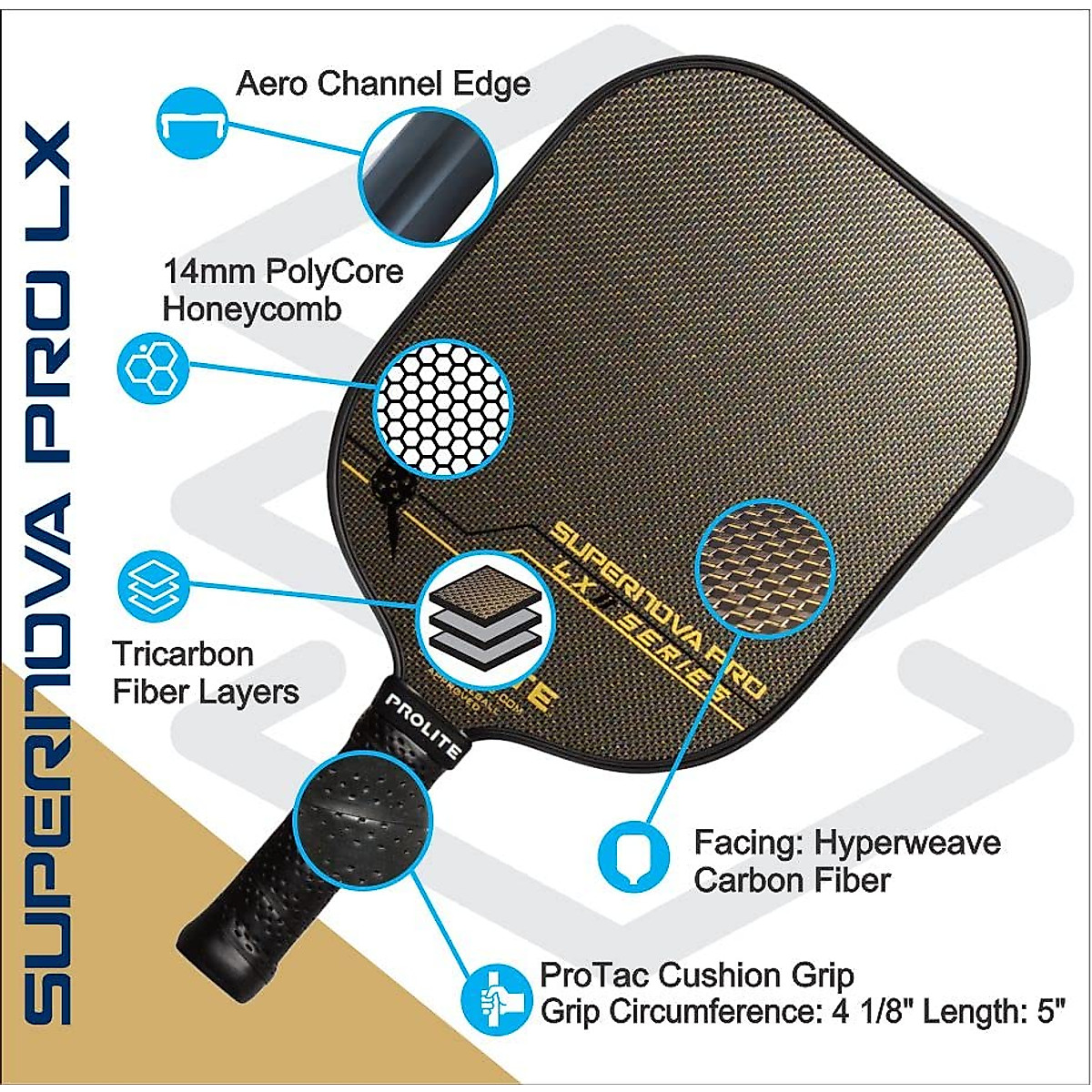 PROLITE LX Series Pickleball Paddles | Hyperweave Carbon Fiber Pickleball Paddle | 14mm Poly Core | Pickleball Rackets Made in The USA Since 1984 (Supernova Pro LX, Silver Fibers)