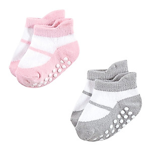 Hudson Baby Unisex Baby Non-Skid No-Show Socks, Pink Black, 6-12 Months