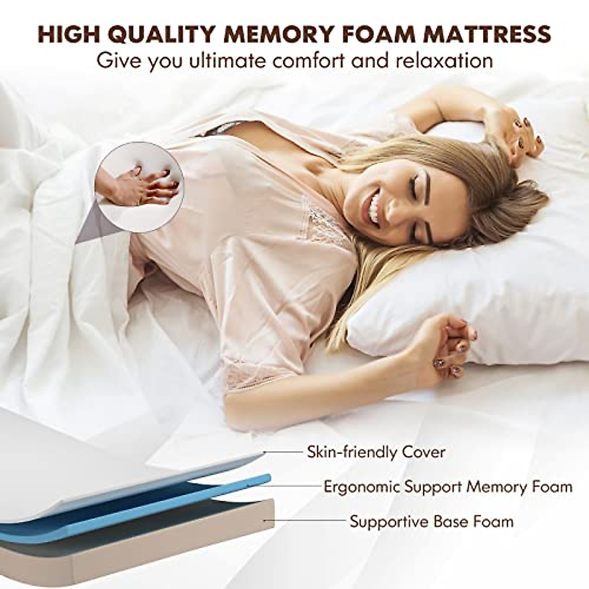 GOFLAME Folding Bed with Memory Foam Mattress, Portable Rollaway Guest Bed with Heavy-Duty Steel Frame & Rolling Casters, Sleeper Bed Cot Size for Adults & Kids, Dustproof Cover Included