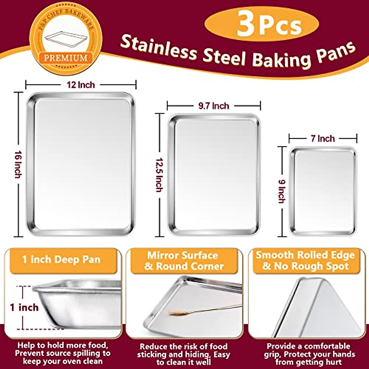 P&P CHEF Baking Sheet and Rack Set, 6 PACK (3 Sheets + 3 Racks), 3 Sizes Stainless Steel Baking Pans Cookie Sheets with Cooling Racks for Cooking & Roasting, Oven & Dishwasher Safe, Healthy & Durable